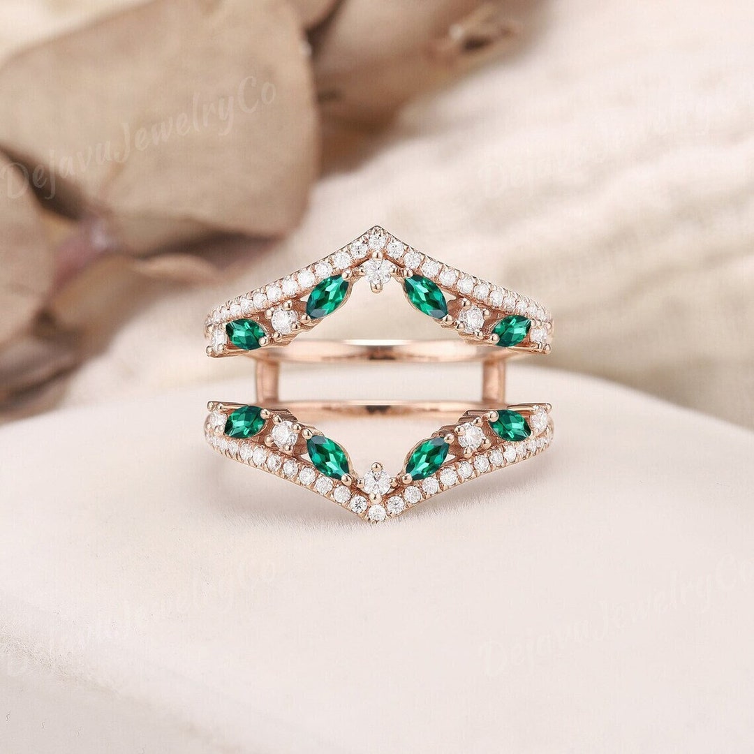 Vintage Marquise Cut Emerald Wedding Band Enhancer Ring Art Deco Double Curved Stacking Wedding ...