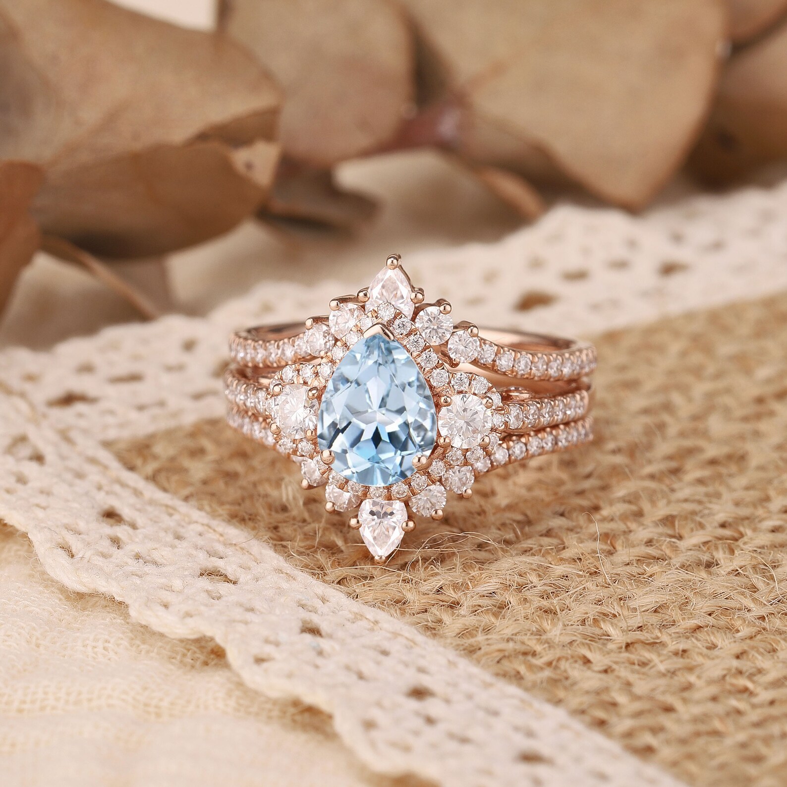 Pear Aquamarine Engagement Ring Set 2pcs Rose Gold Engagement Ring ...