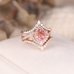 Peachy Pink Sapphire Engagement Ring Vintage Inspired Moissanite Halo ...