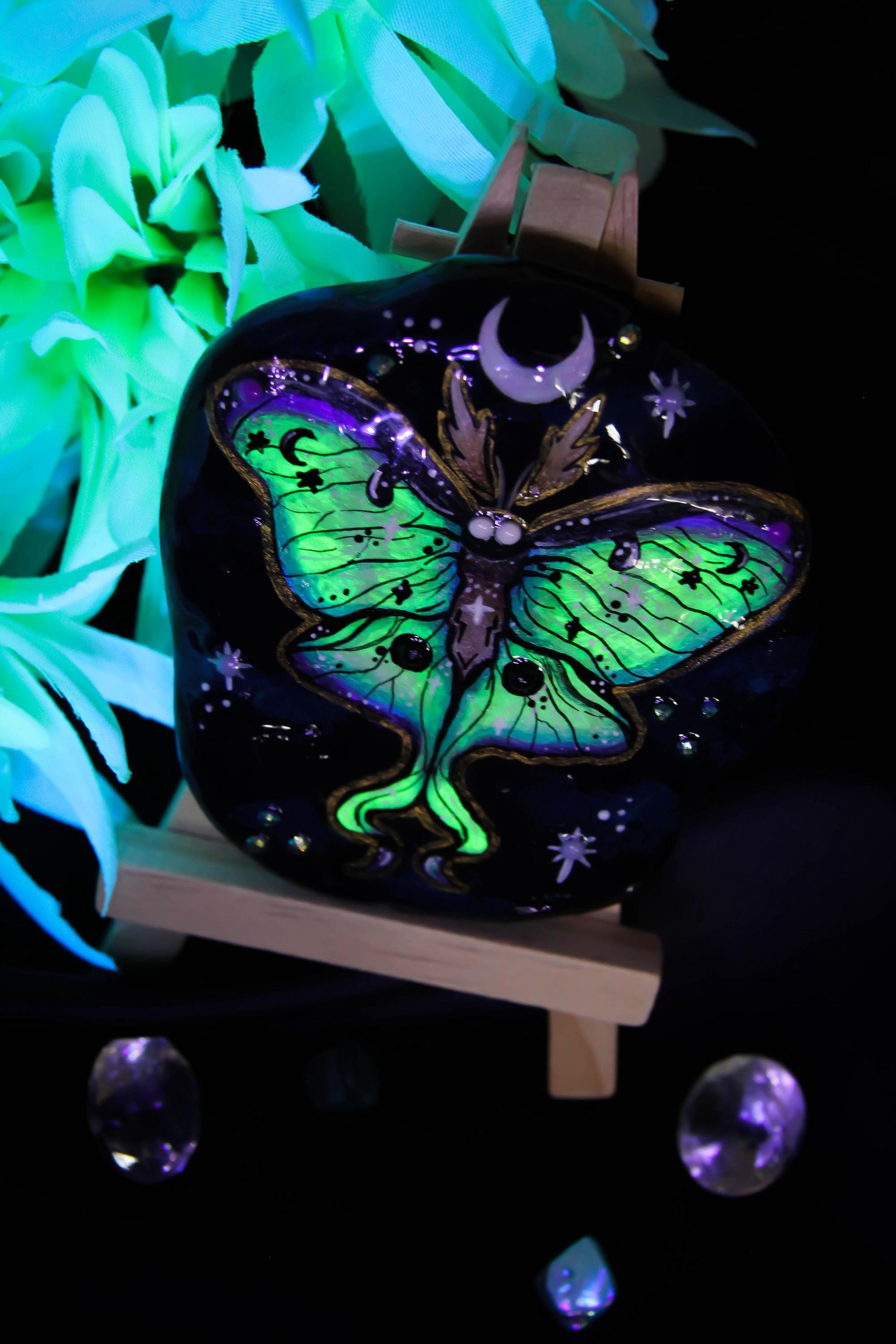 Neon Metallic Luna Moth | Hand Painted Acrylic Rock Art | Kindness Rock ...
