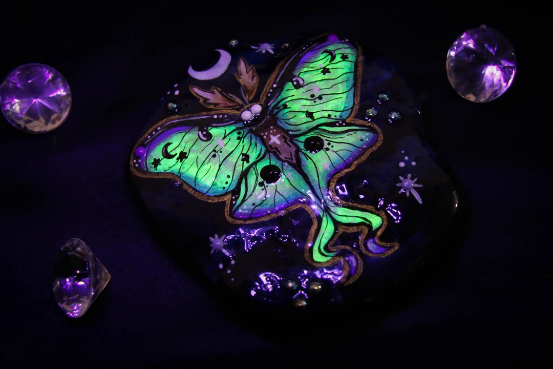 Neon Metallic Luna Moth | Hand Painted Acrylic Rock Art | Kindness Rock ...