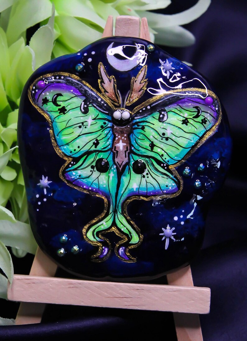 Neon Metallic Luna Moth | Hand Painted Acrylic Rock Art | Kindness Rock ...