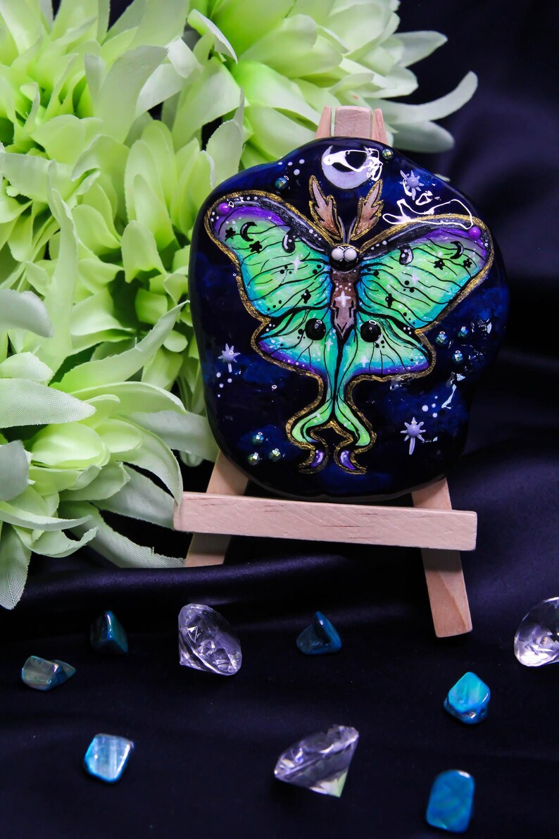 Neon Metallic Luna Moth | Hand Painted Acrylic Rock Art | Kindness Rock ...