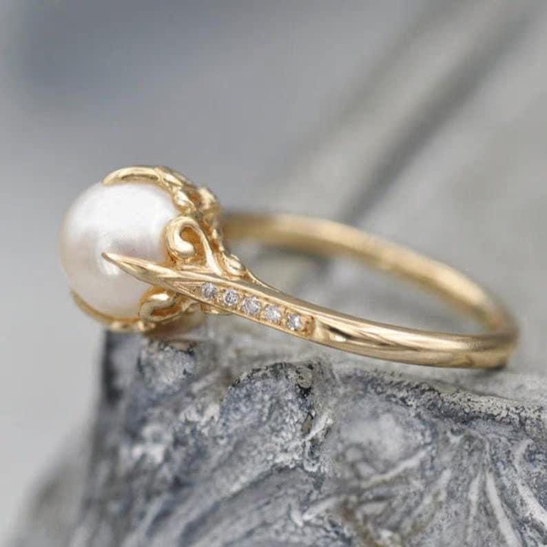 14k Gold Freshwater Diamond Pearl Ring, Pearl Ring for Women, Dainty ...