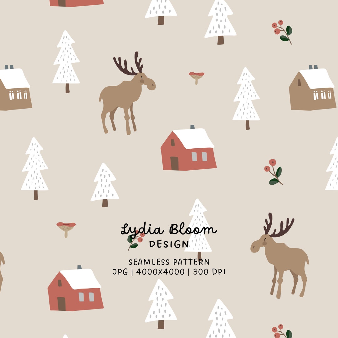 Moose Digital Paper Scandinavian Seamless Pattern Hygge Christmas XMAS ...