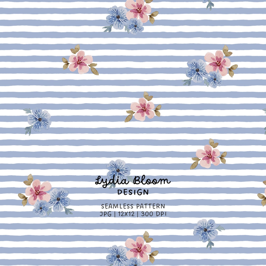 Watercolor Flowers With Blue Stripes Floral Seamless Pattern Spring ...