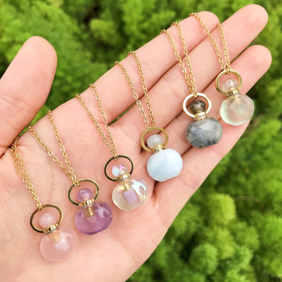 Small Perfume Bottle Pendant Necklace, Gemstone Essential Oil Diffuser ...