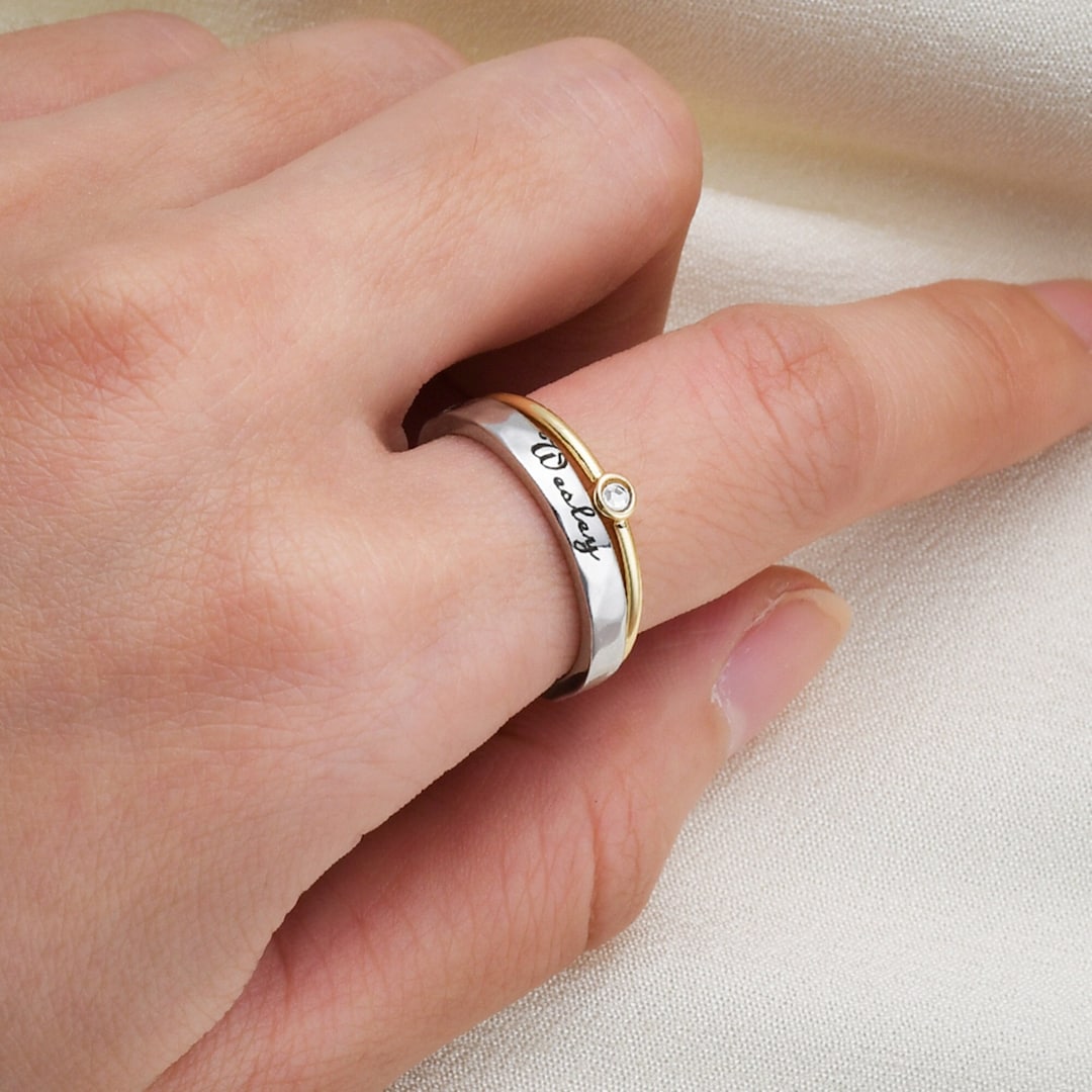 Cursive Name Ring Set Name and Birthstone Rings Gold Name - Etsy