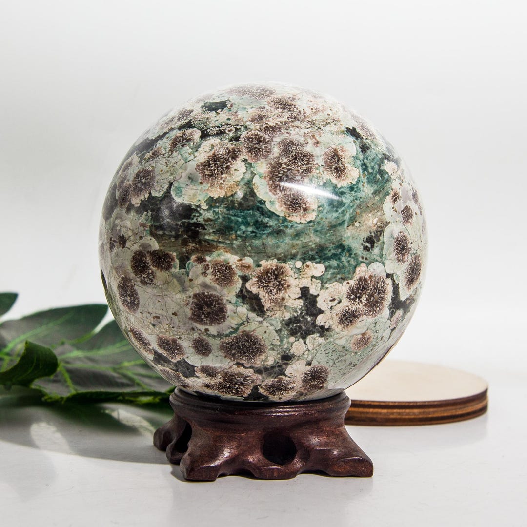 Natural Giant Green Flower Sakura Jasper Sphere With Holder Healing ...