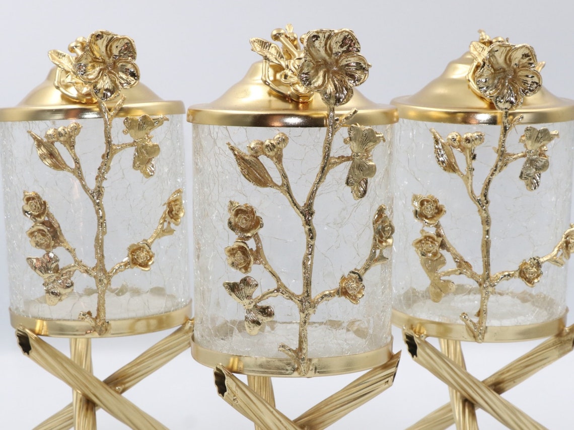 Gold Kitchen Canister Set: Decorative Glass Jars With Metal Stand - Etsy