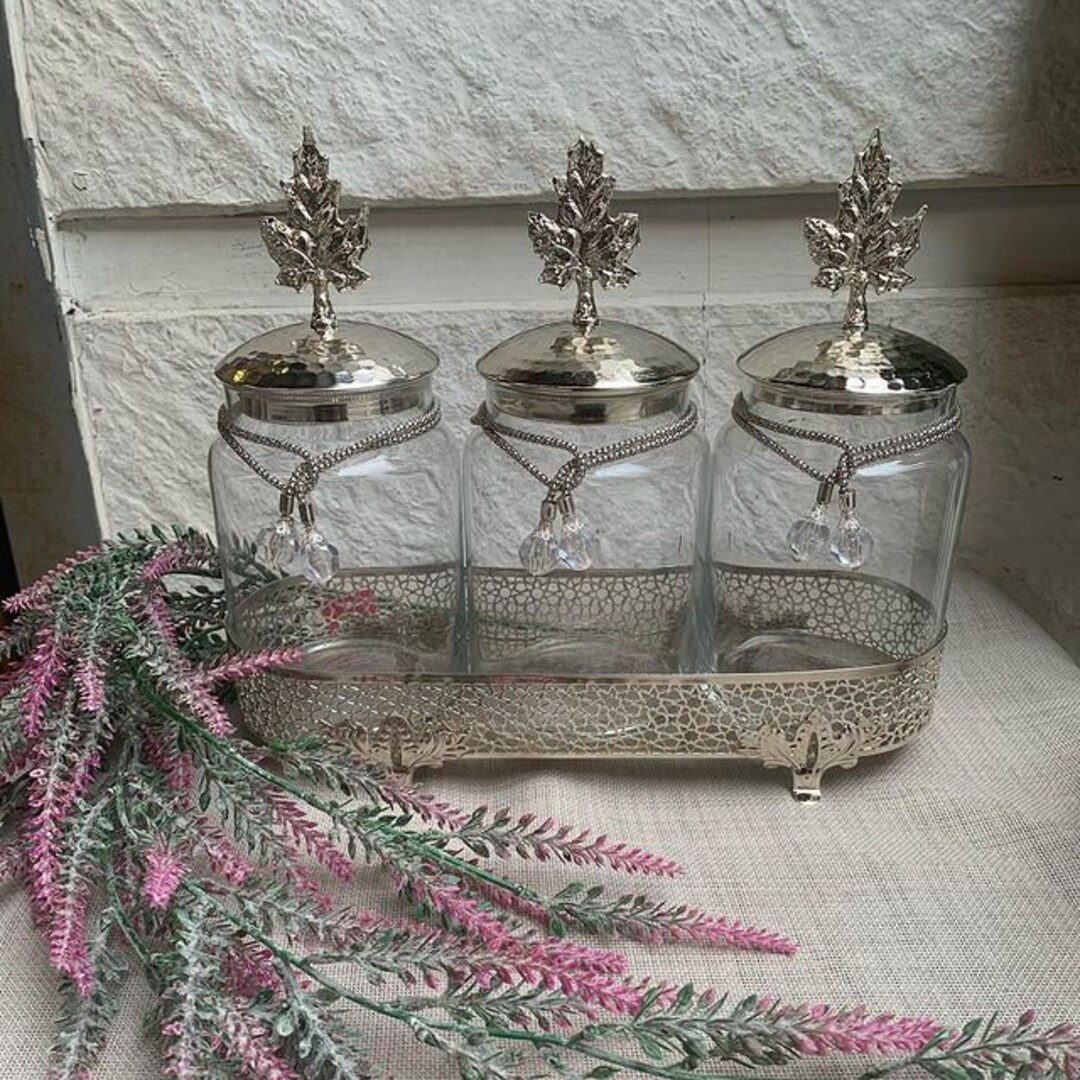 Silver Kitchen Decor: Glass Canister Set With Metal Stand for Coffee ...