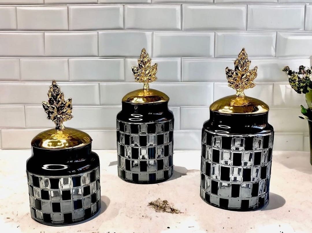 Gold Kitchen Decor: Glass Canister Set With Metal Stand for Coffee, Tea ...