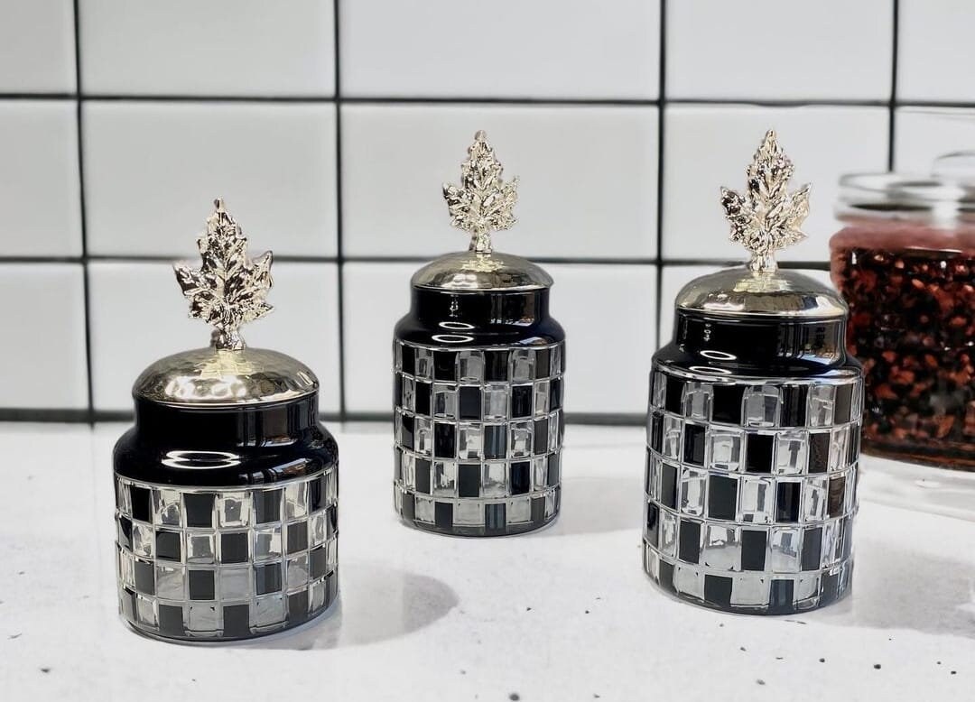 Gold Kitchen Decor: Glass Canister Set With Metal Stand for Coffee, Tea ...