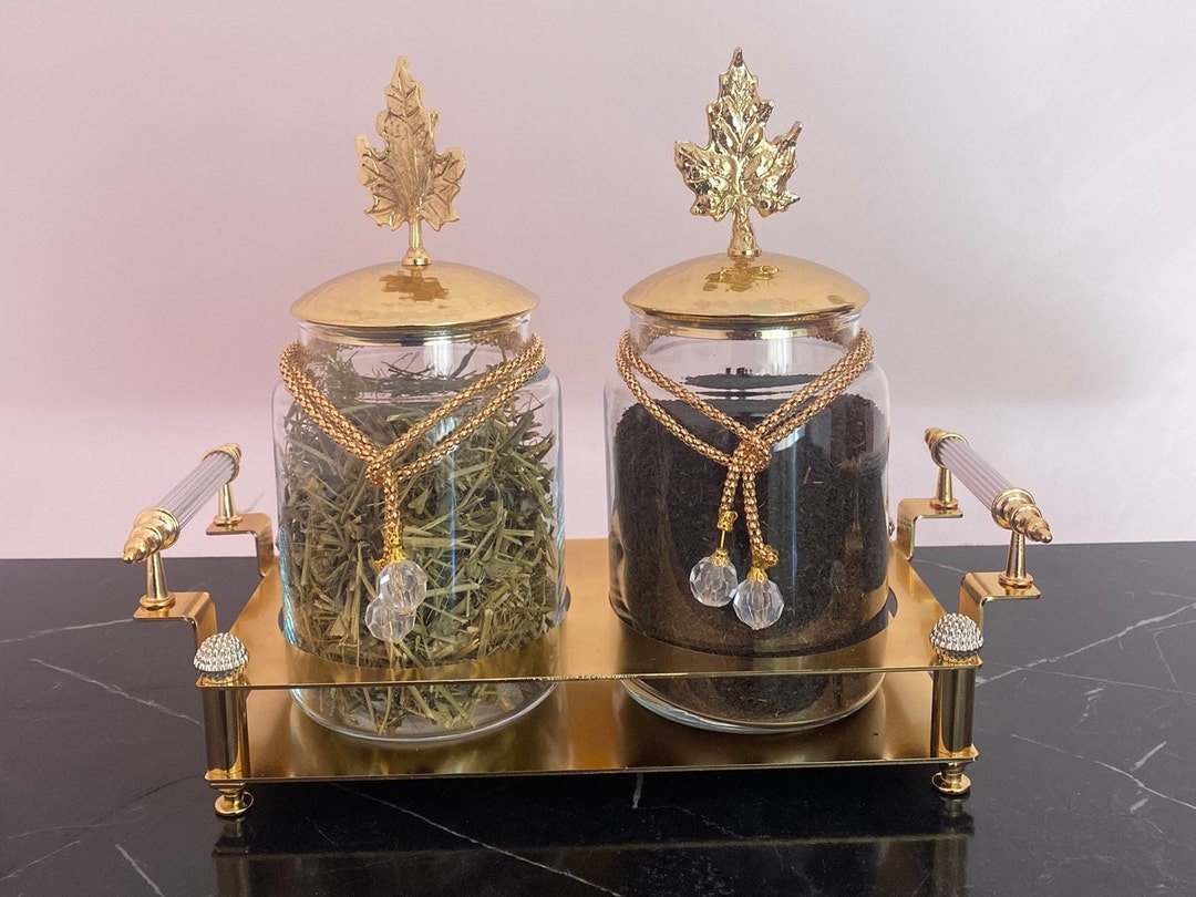 Gold Kitchen Decor: Glass Canister Set With Metal Stand for Coffee, Tea ...