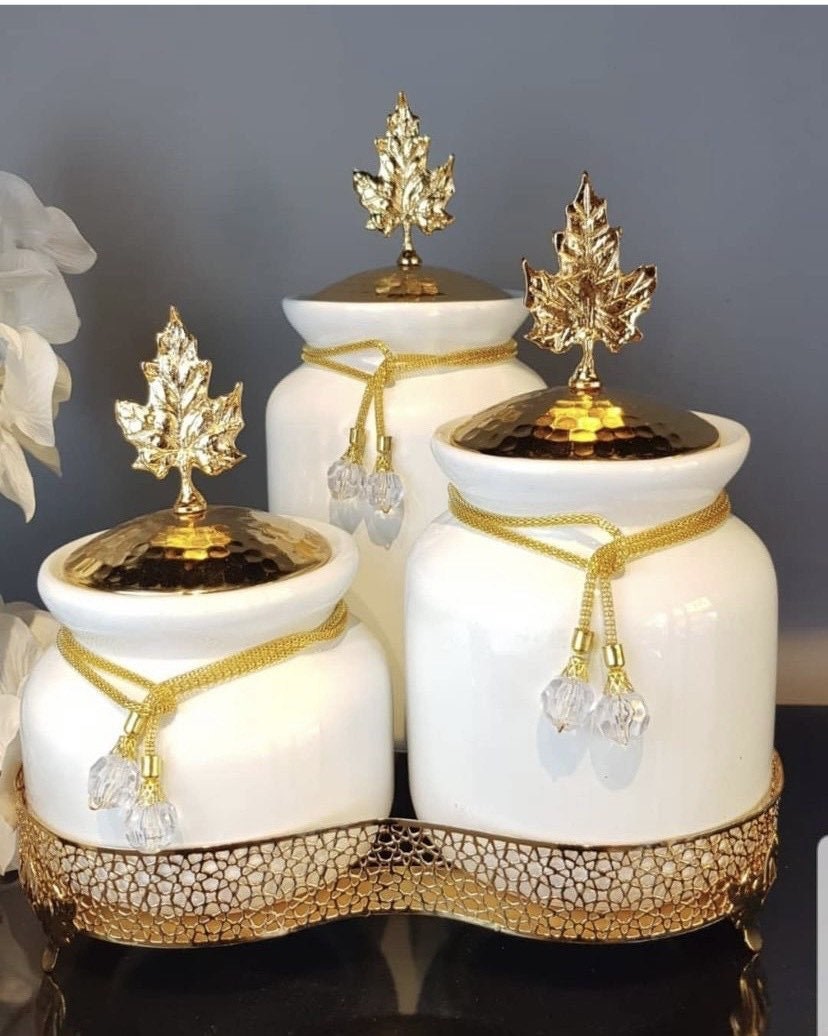 Gold Kitchen Decor: Ceramic Canister Set for Coffee, Tea, Sugar, and ...