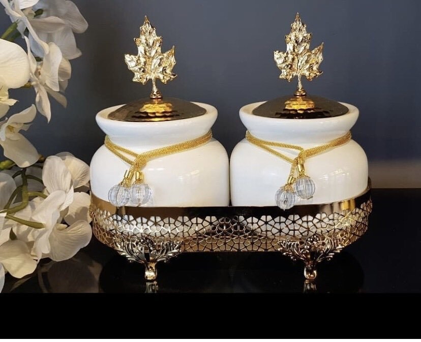 Gold Kitchen Decor: Ceramic Canister Set for Coffee, Tea, Sugar, and ...