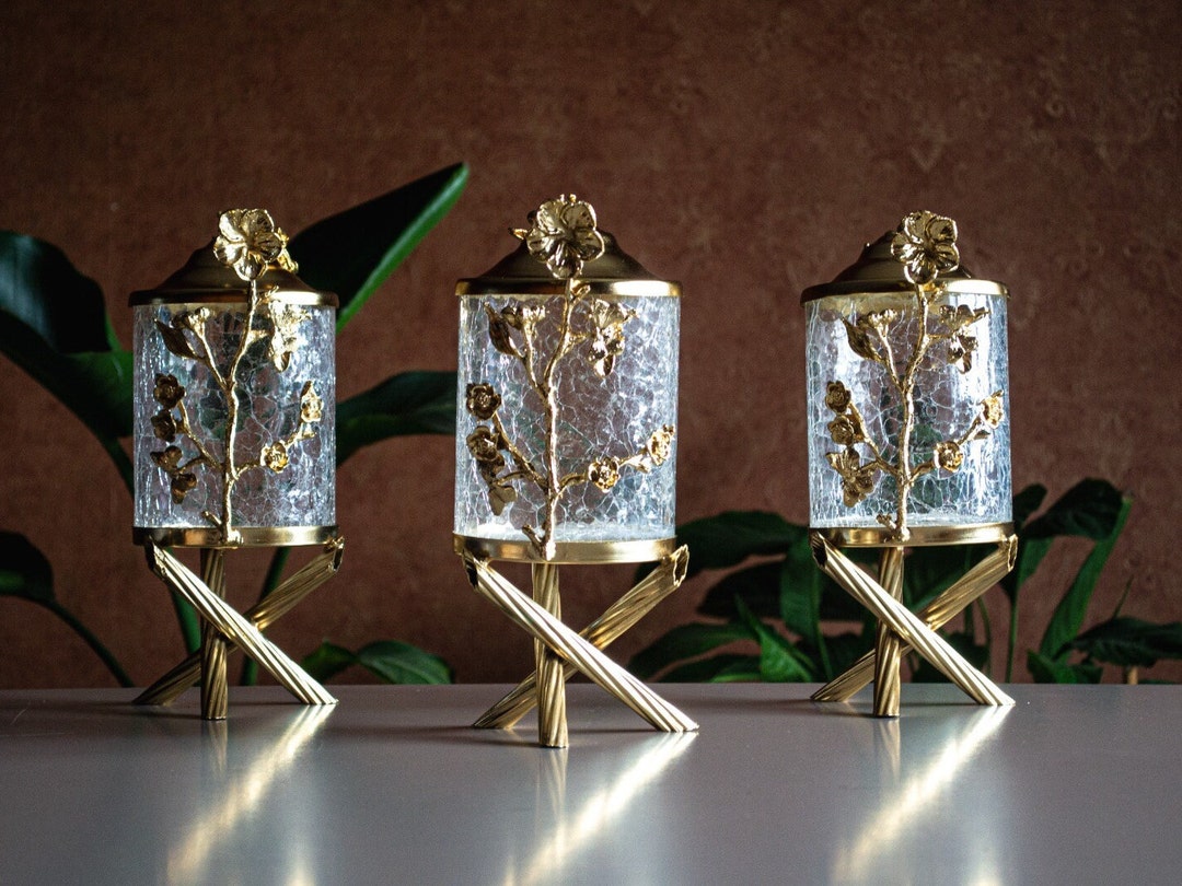 Gold Kitchen Canister Set Glass Jars With Brass Stand - Etsy