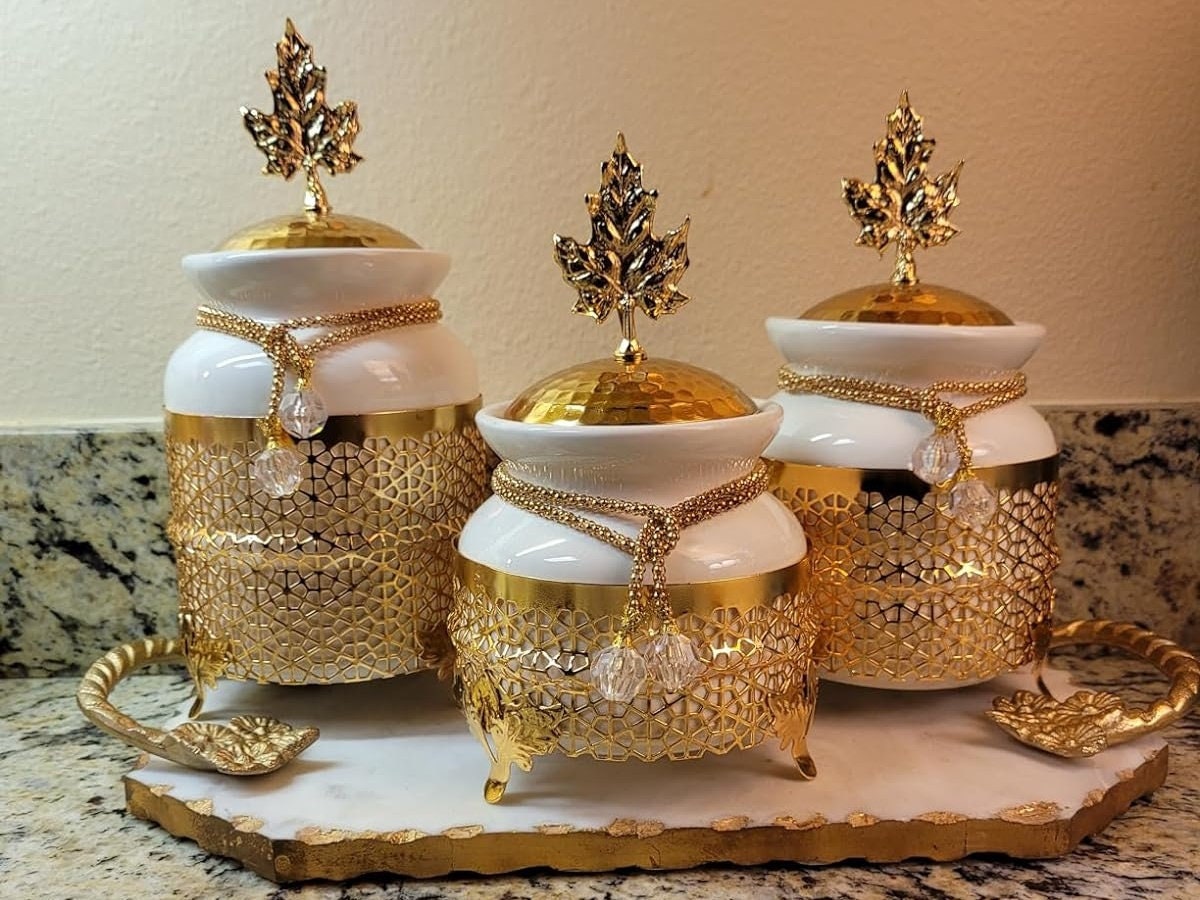 Gold Kitchen Decor: Ceramic Canister Set for Coffee, Tea, Sugar, and ...
