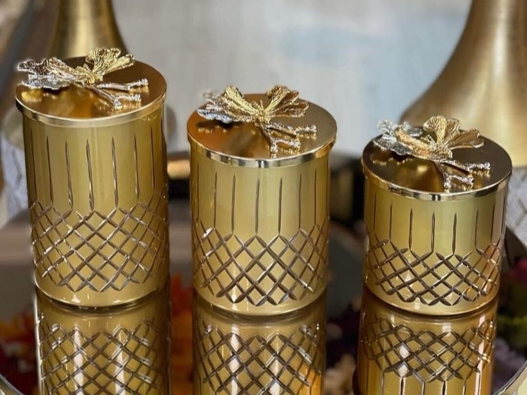 Gold Kitchen Decor: Glass Canister Set With Metal Stand for Coffee, Tea ...