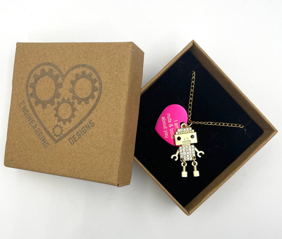 Personalised Adorable Bling Robot Necklace. Includes Colour/ Name/ Date ...