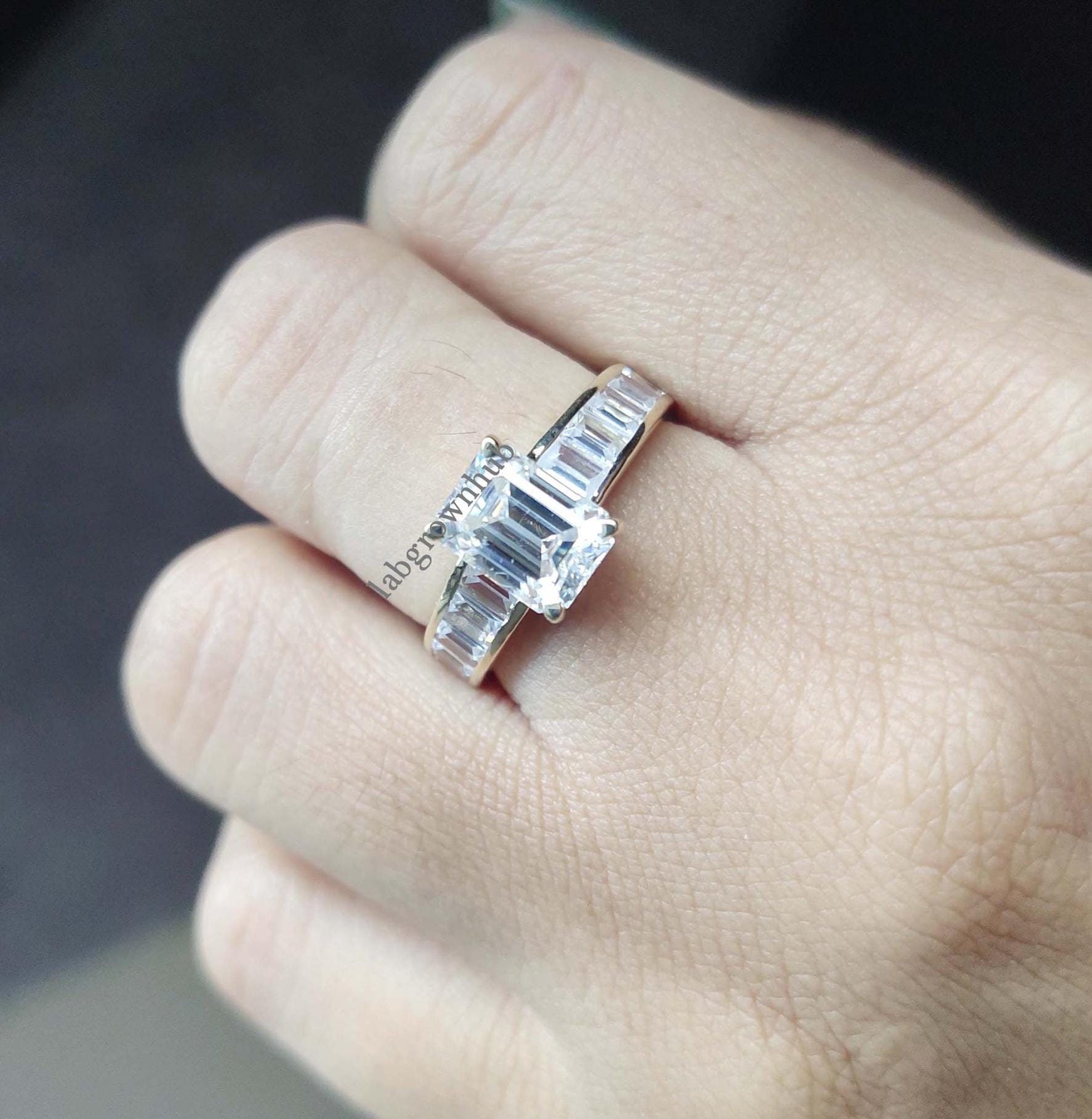 Channel Set Baguette Diamond Ring 2.50 ct Emerald Cut Moissanite Engagement Ring 14K Yellow Gold Wedding Ring Propose Ring Eternity Band