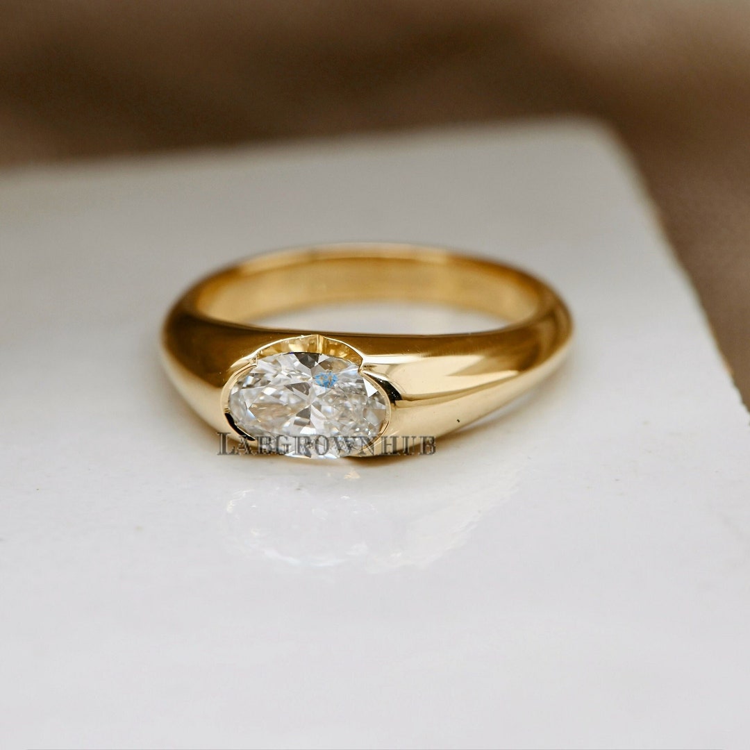 Solitaire East West Oval Cut Ring Half Bezel Set Engagement Ring 1.33 ...