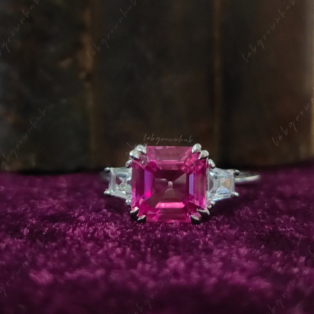 Pink Diamond Engagement Ring Square Cut Diamond Ring 3 Stone 2.3 CT ...