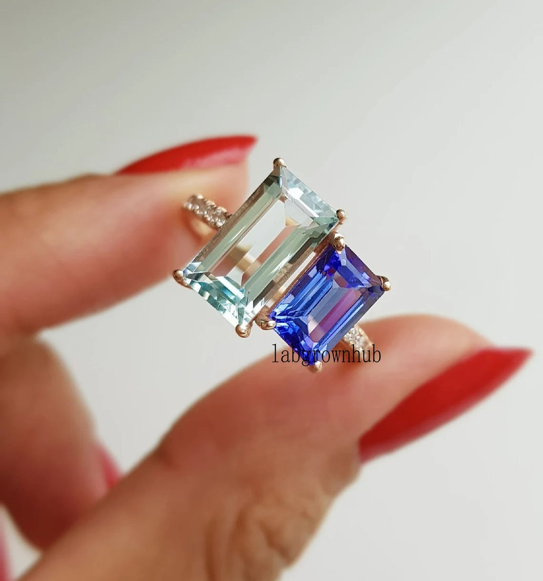 Blue Sapphire Toi Et Moi Engagement Ring Aquamarine Wedding Ring 4.30 ...