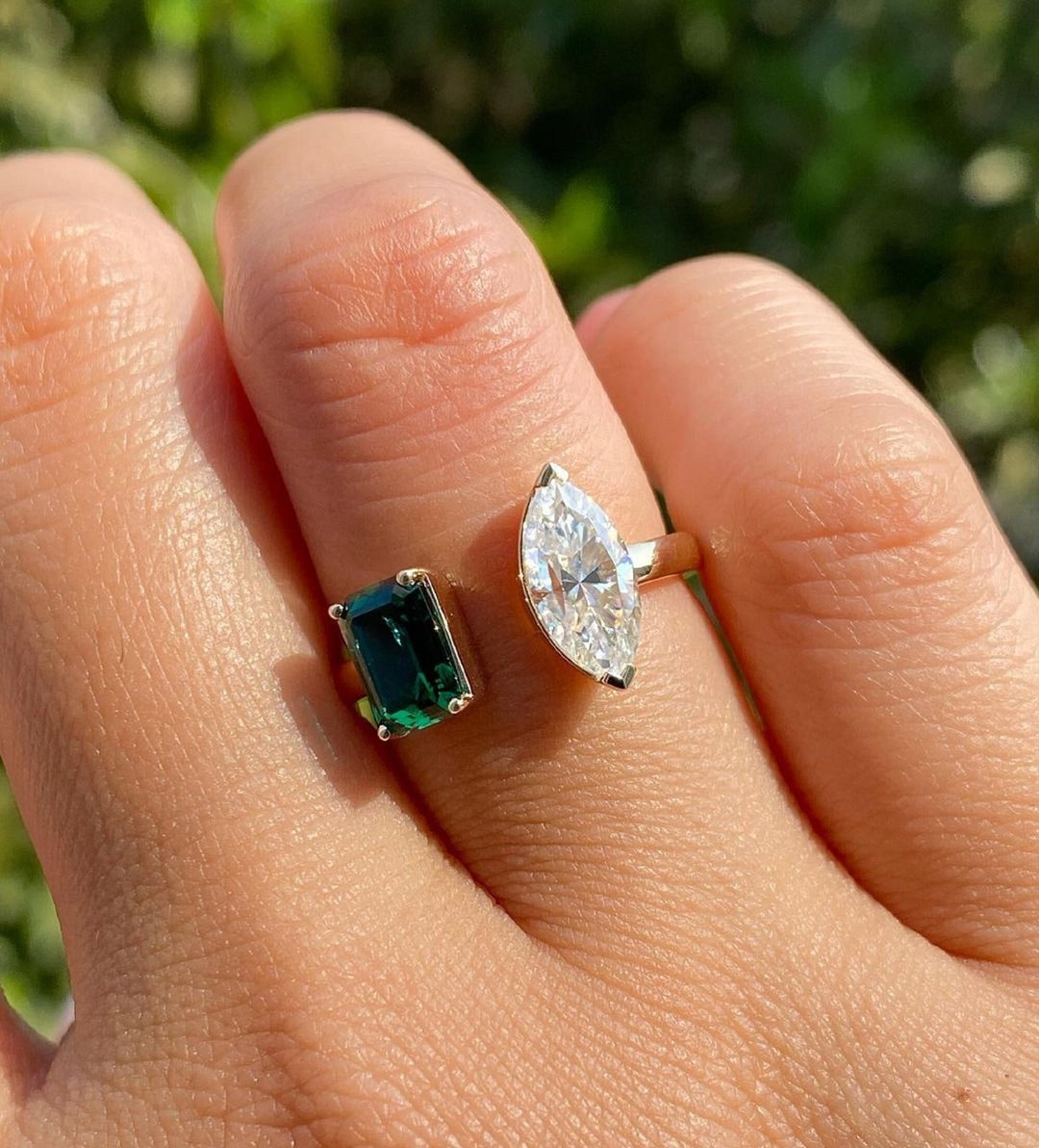 Two Stone Open Ring Toi Et Moi Engagement Ring Emerald Wedding Ring 2 ...