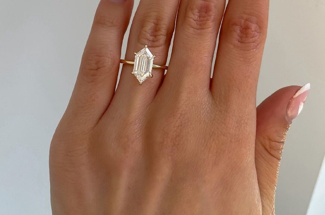Elongated Hexagon Ring 2.0 CTW Hexagon Shaped Moissanite Engagement Ring 14k Gold Unique ...