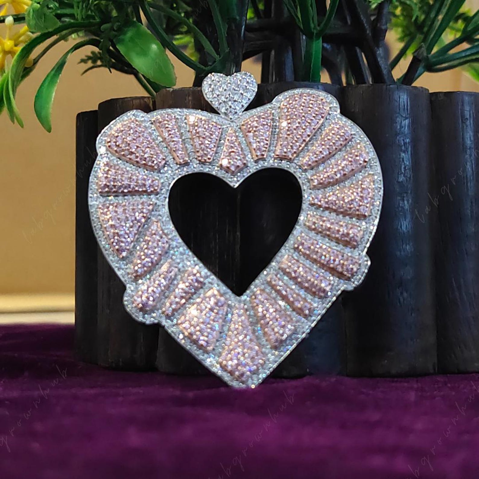 Pink & White Diamond Heart Shape Iced Out Pendant Round Cut Anniversary ...