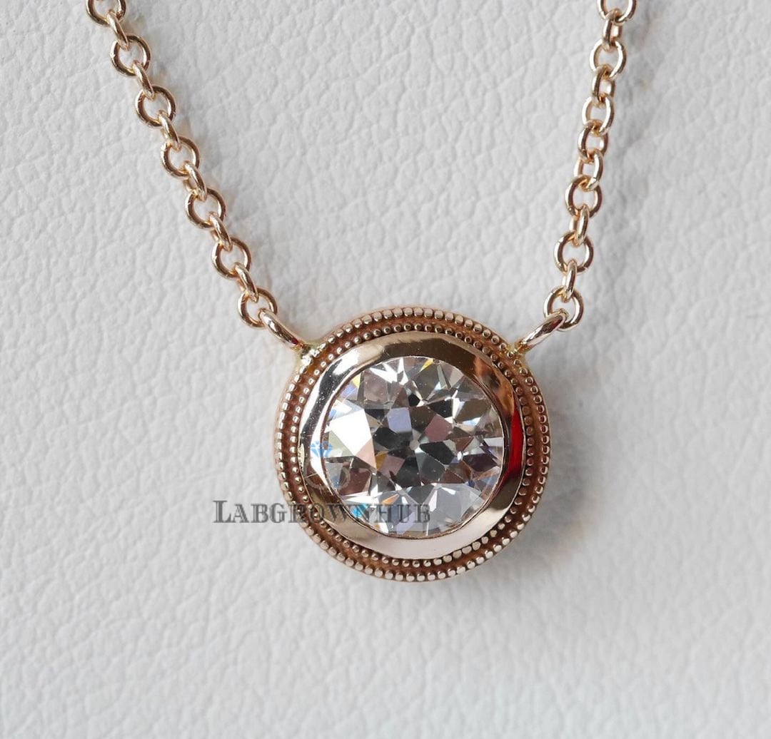 14k Rose Gold Old European Cut Moissanite Pendant Antique Bezel Set ...