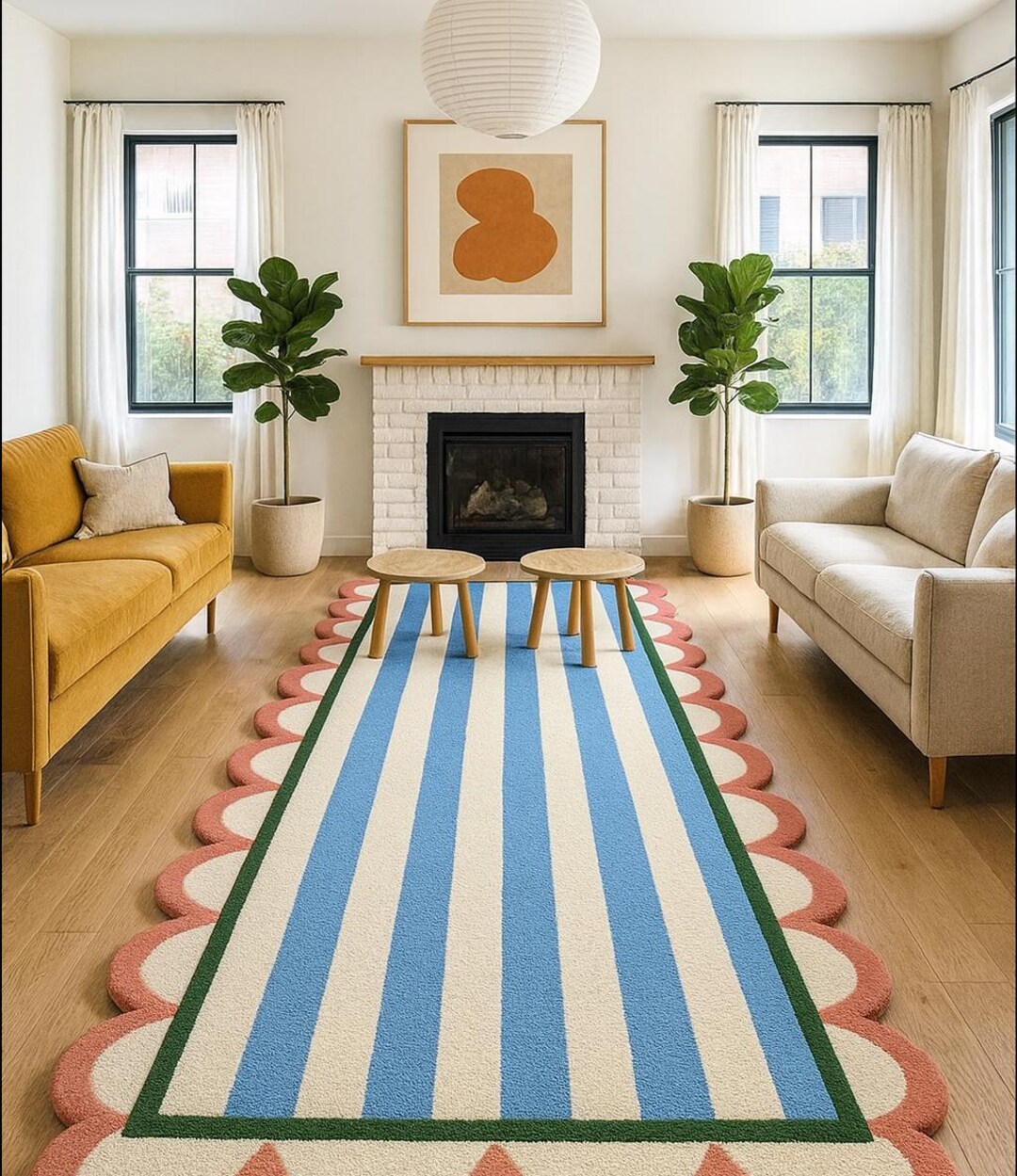 Hand-tufted Wool Rug | Blue Stripe Scallop Carpet, Custom Size - Etsy
