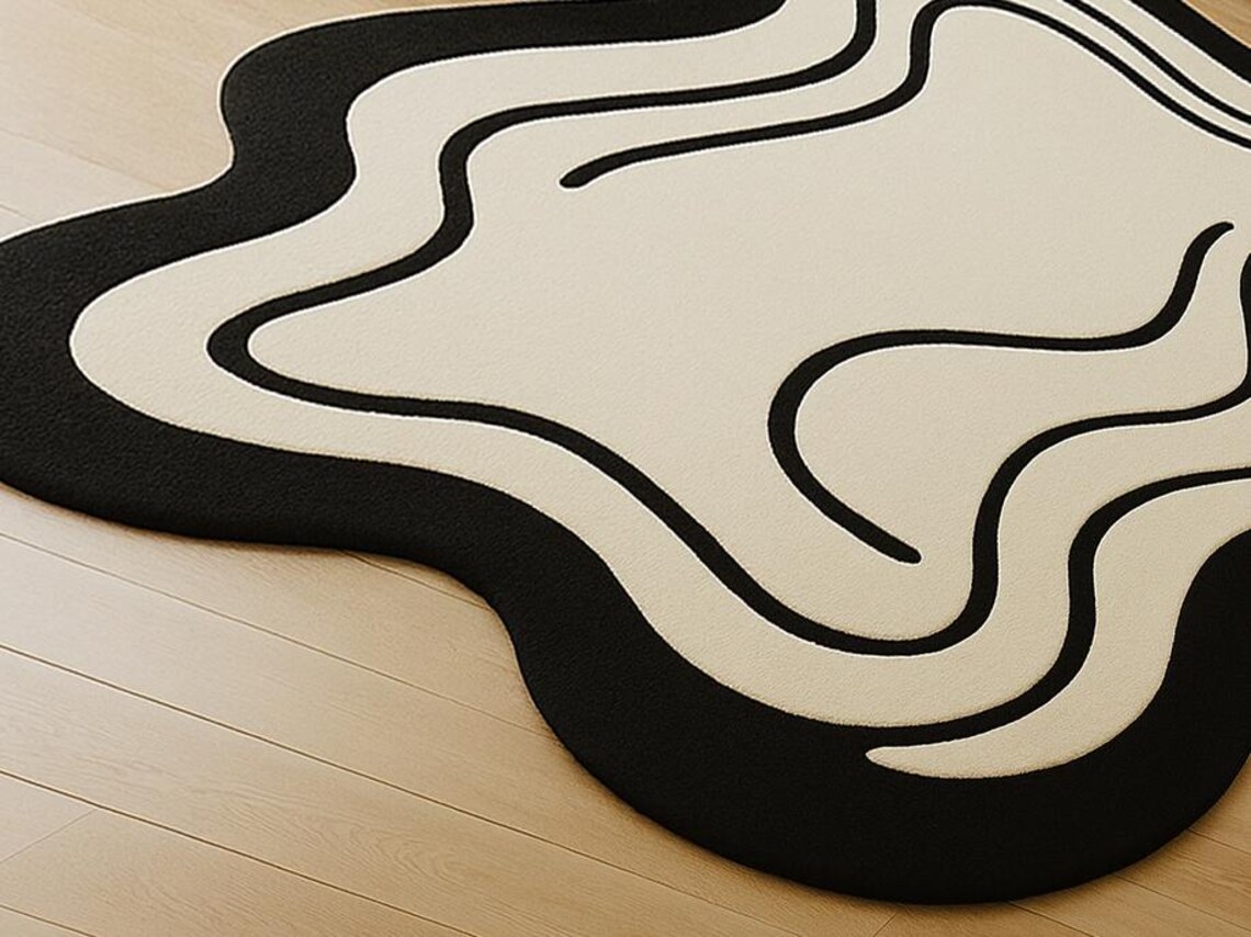 Hand-tufted Wool Wavy Area Rug: Black & Cream Abstract Design - Etsy