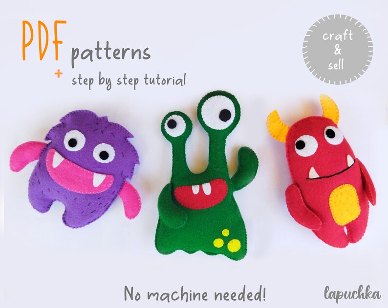 3 Cute Monsters PDF Pattern. Sewing Step by Step Tutorial. Felt Toy ...