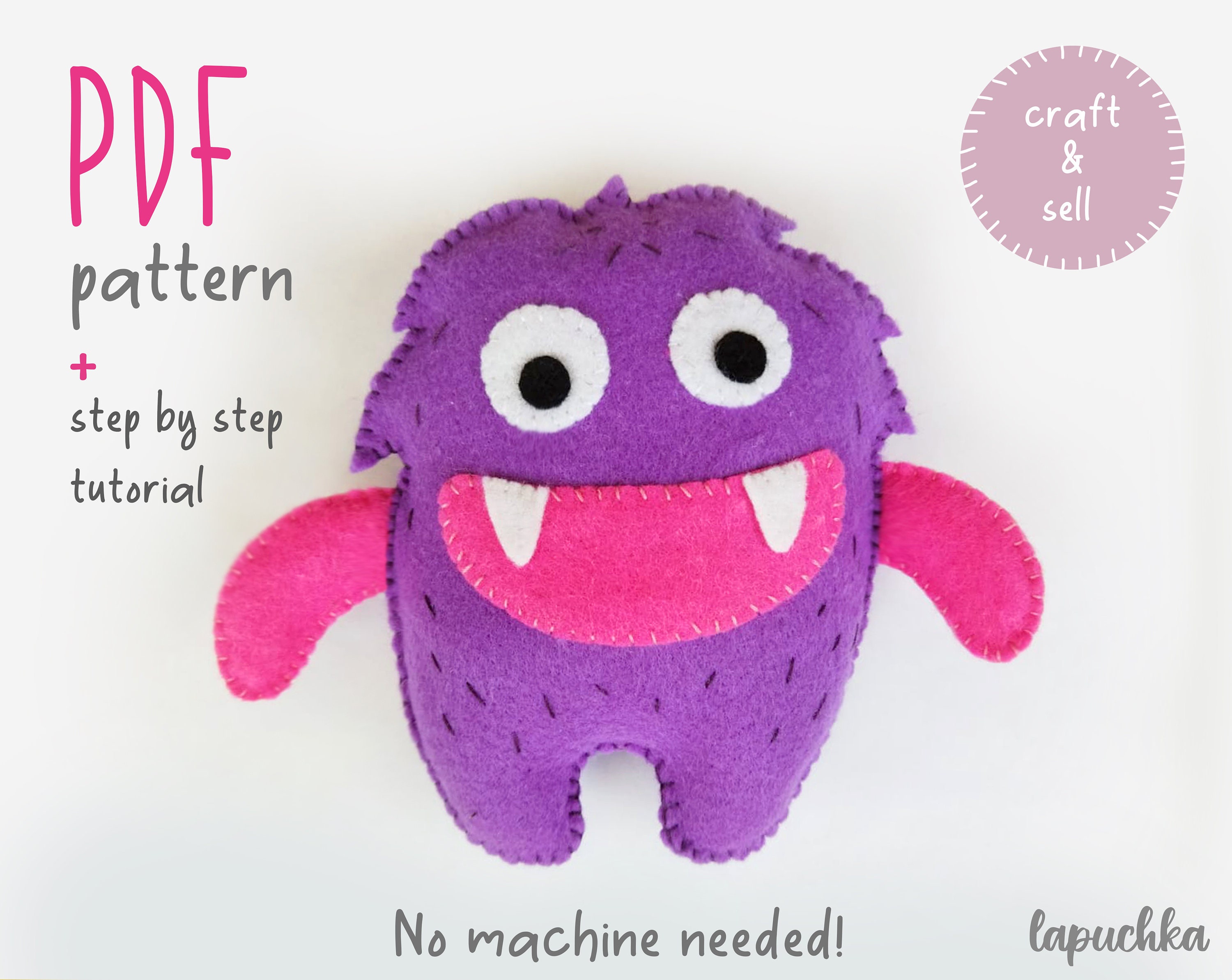 Cute Purple Monster PDF Pattern. Sewing Step by Step Tutorial. Felt Toy ...