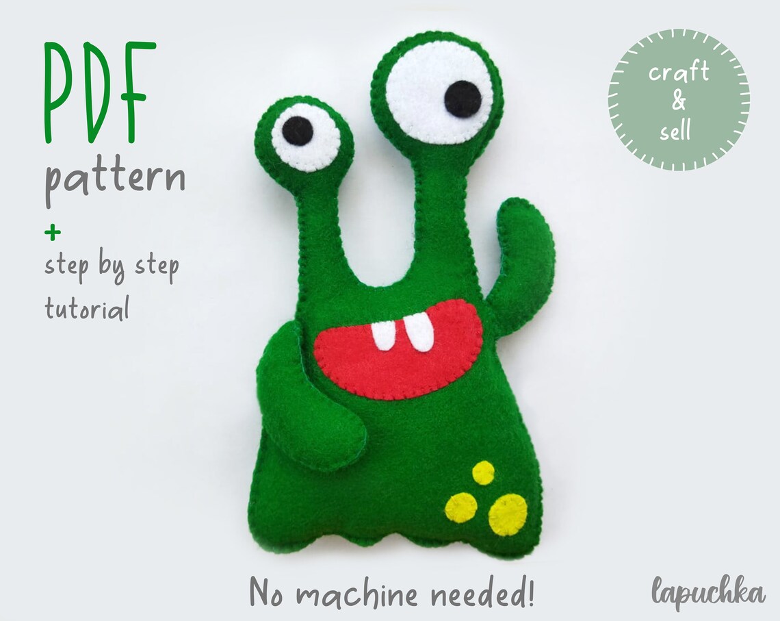 Cute Green Monster PDF Pattern. Sewing Step by Step Tutorial. Felt Toy ...