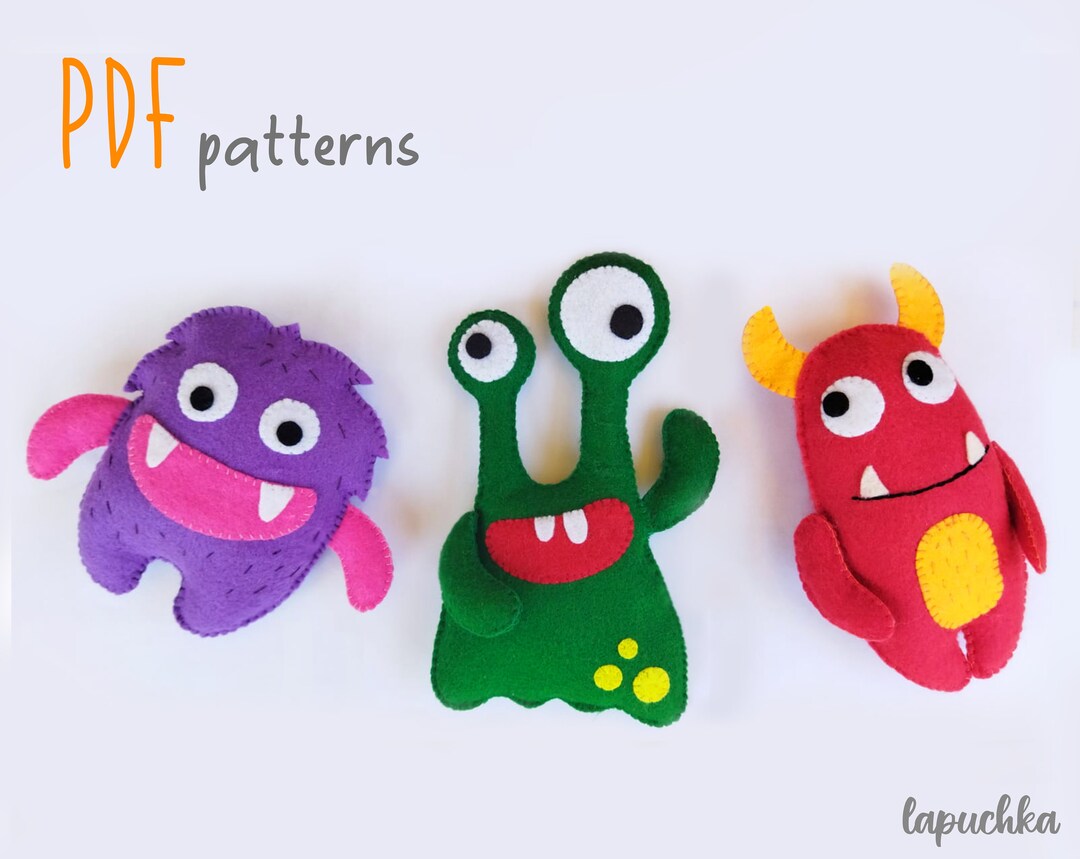 3 Cute Monsters PDF Pattern. Sewing Step by Step Tutorial. Felt Toy ...