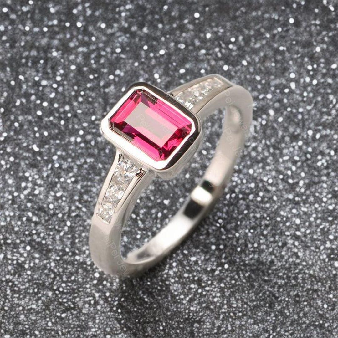 925 Starling Silver Ruby Engagement Ring Emerald Cut Red Gemstone Ring ...