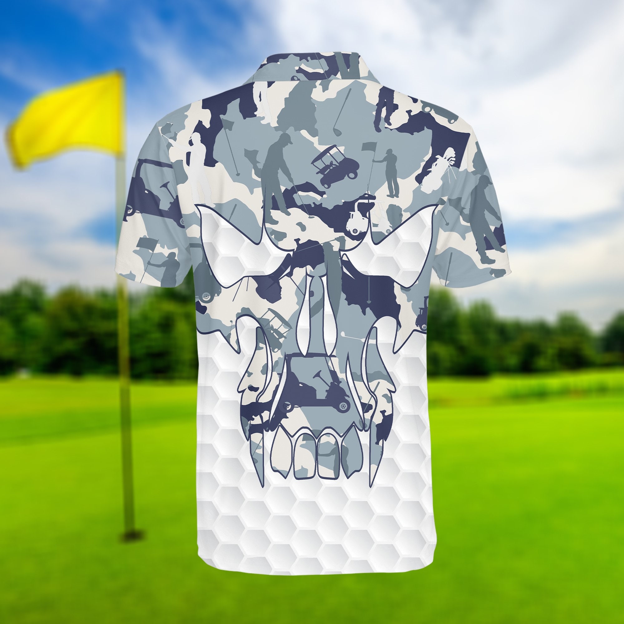Blue and White Men Golf Polo Shirt Skull Golf Polo Shirt - Etsy