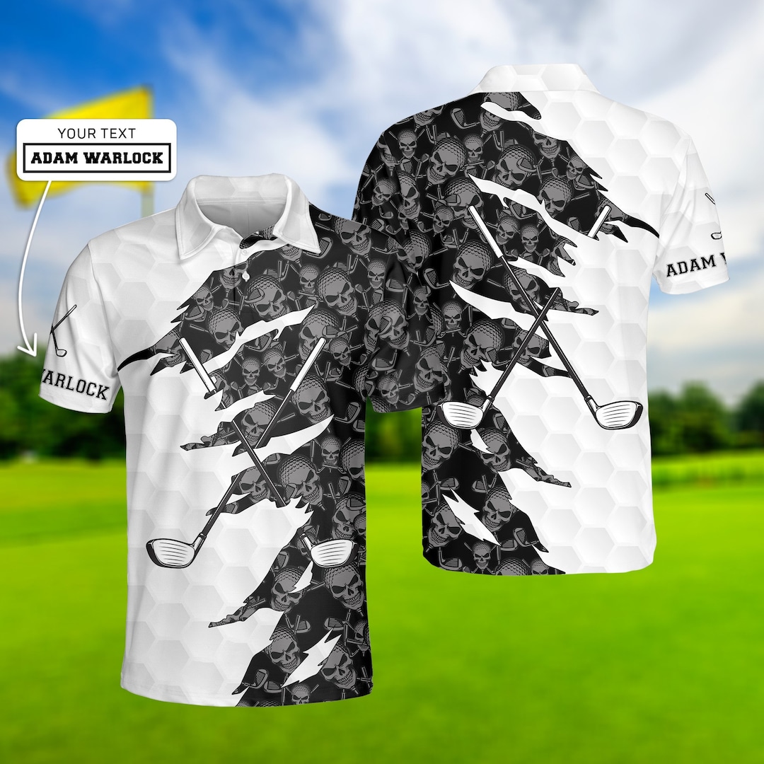 Golf Skull Custom Polo Shirt, Black and White Skull Golf Shirt, Crossed ...
