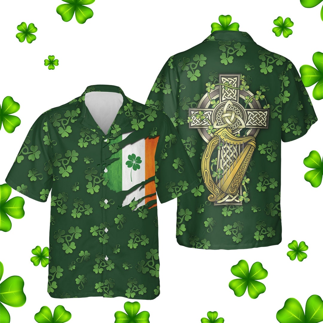 Saint Patrick's Day Hawaiian Shirt, Shamrock Celtic Cross Harp Irish ...