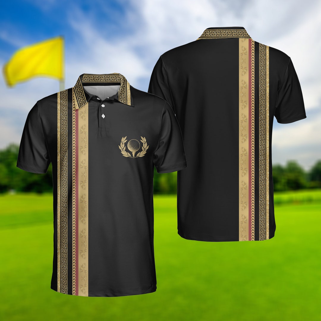 Golf Luxury Baroque Pattern Polo Shirt, Black and Gold Golfing Polo ...