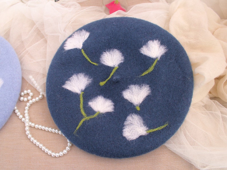 Handmade Wool Felt Beret: Flying Dandelion Cap, Fall Winter Accessory ...
