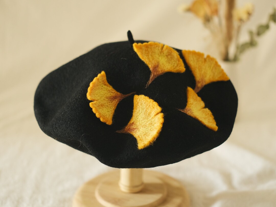 Wool Felt Ginkgo Leaf Beret: Black French Style Hat - Etsy