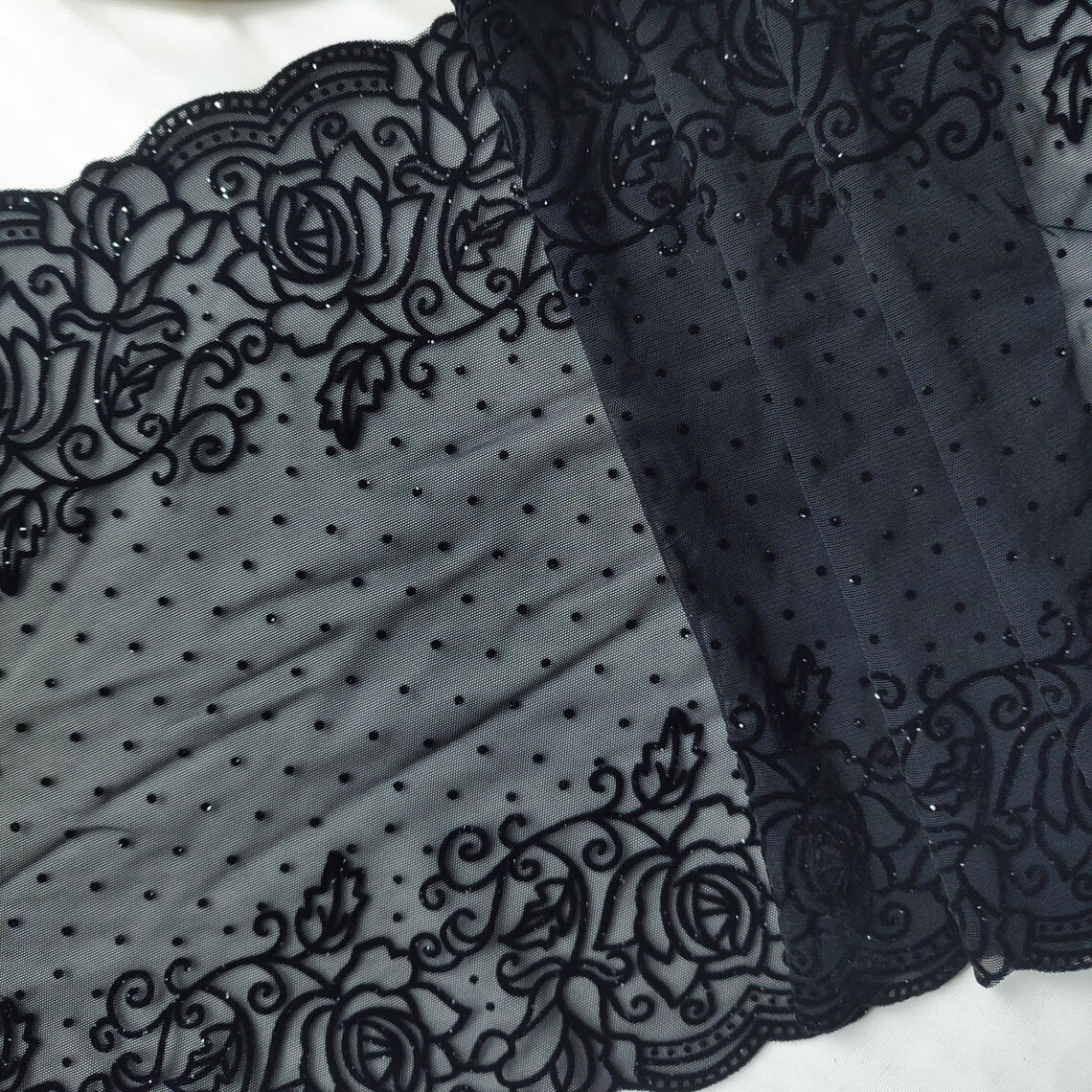Black Stretch Lace With Flock Pattern for Sewing Lingerie, Elastic Trim ...