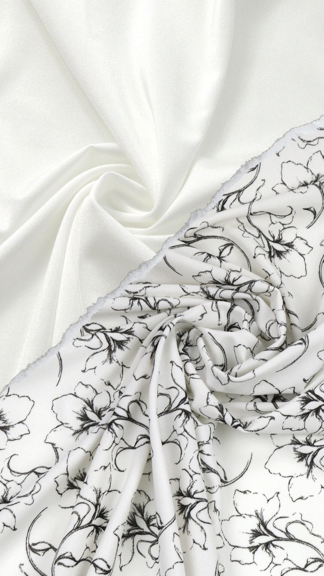 Ecru Stretch Microfiber Lycra Fabric With Black Floral Pattern (50x75cm ...