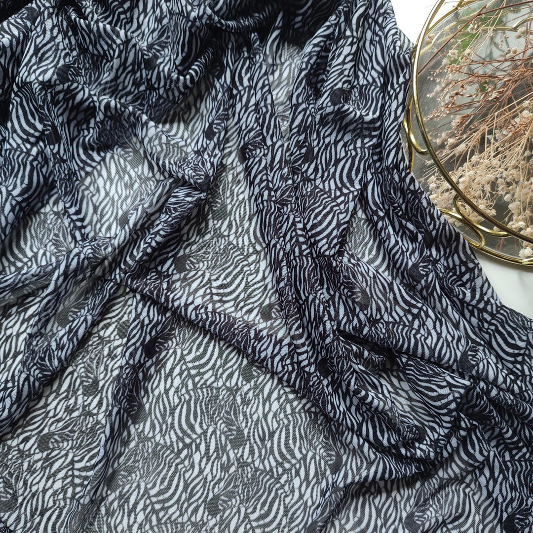 Black Zebra Print Stretch Mesh Fabric, Elastic Tulle for Lingerie (19.6 ...