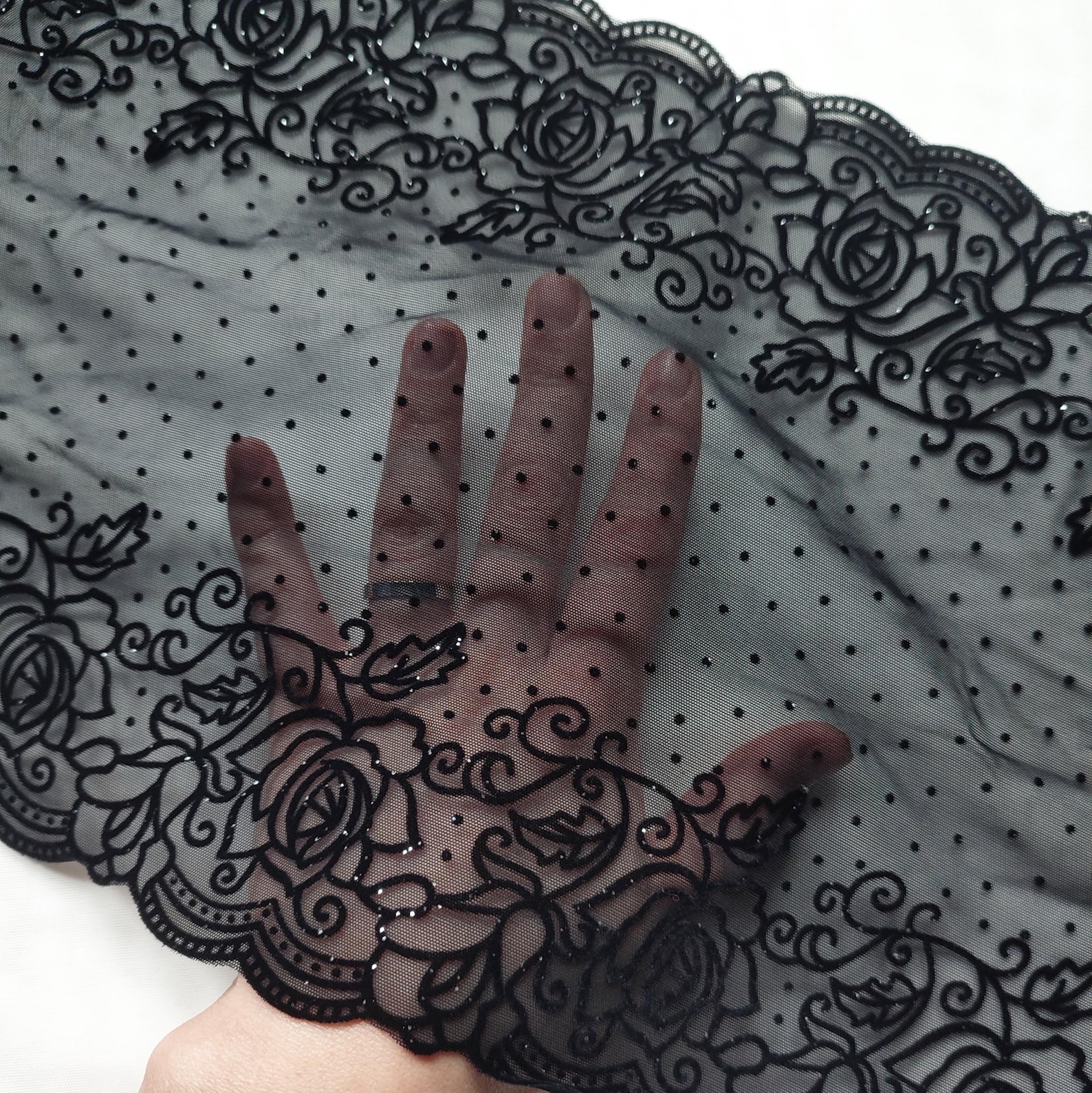 Black Floral Flock Stretch Lace Trim, Lingerie Sewing, 9" Wide - Etsy
