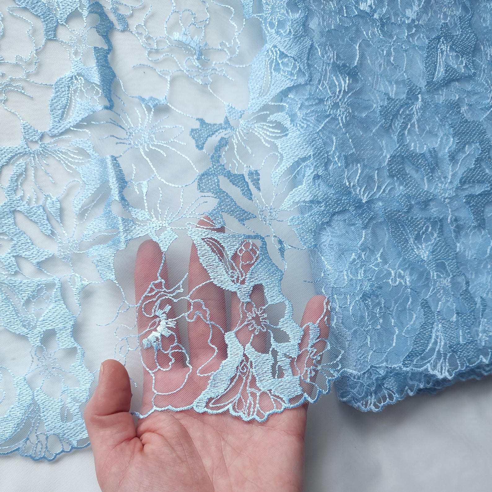 Light Blue Floral Embroidery Lace: Transparent Tulle Trim (10.2" Wide ...